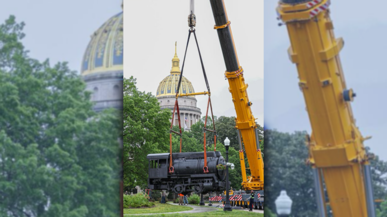 50-ton steam locomotive added, via crane, to new Capitol Complex ...